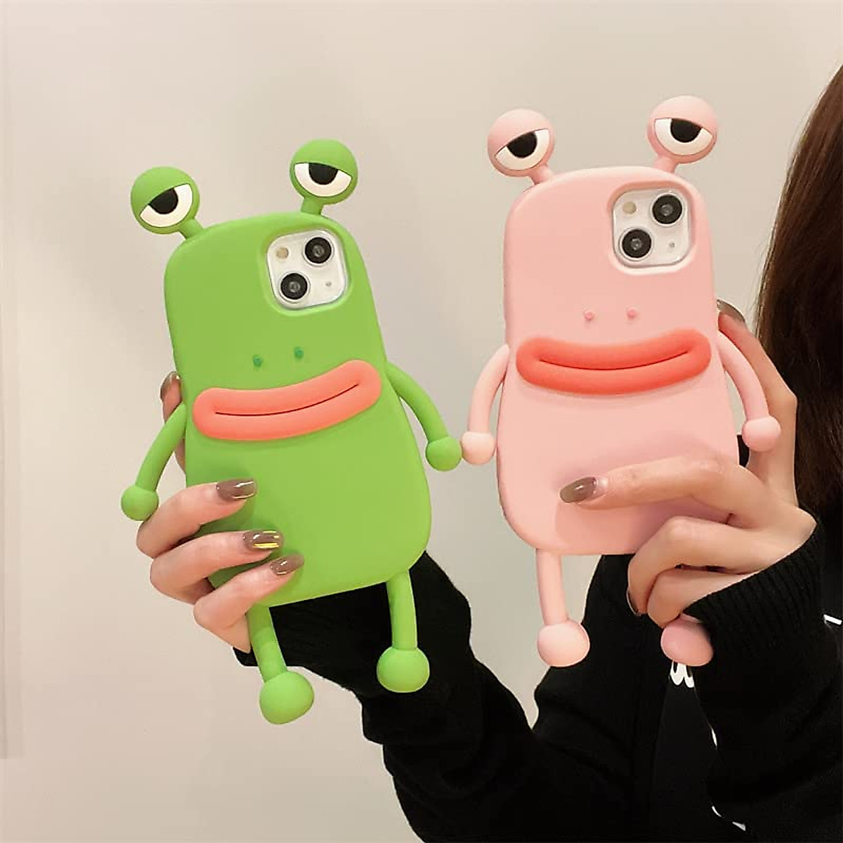 BONICI Men Women Super Funny Novelty Hotdog Sausage Mouth Big Eyes Green Frog Pink Frog Phone Case Soft TPU Silicone Rubber Phone Cover Compatible with iPhone 13 Pro Max, Full Body Protection -Pink