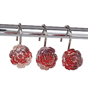 Twofish Home Luminous Burgundy Rose Flower Shower Curtain Hooks 100% Handwork Burgundy Rose Flower Shower Rings Decorative Resin Flower Shower Curtain Rings Set of 12