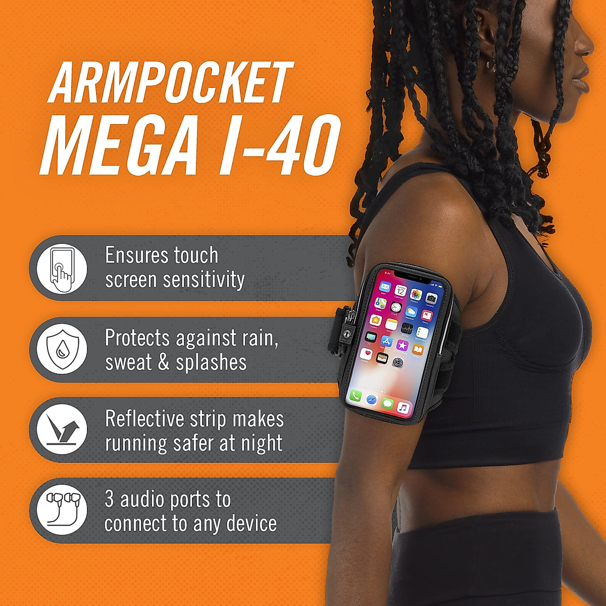 Armpocket Mega i-40 Arm Band, Phone Exercise Holder, Phone Armband for iPhone 12/13/14, 12/13/14 Pro, Galaxy S22+, Note 10, Pixel 7, & Devices w/Case Up to 6.5-Inch, 10 to 15-inch Black Medium Strap