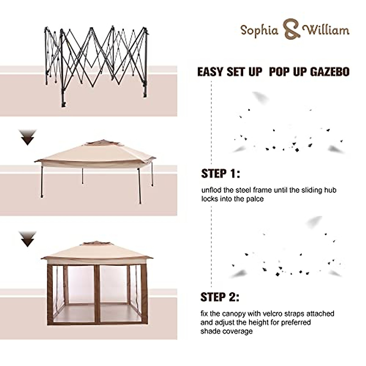 Sophia & William 11' x 11' Pop Up Gazebo Foldable Canopy with Netting and Curtain Portable Wheeled Bag, Brown Double-roof Gazebo for Patio Lawn Garden Backyard