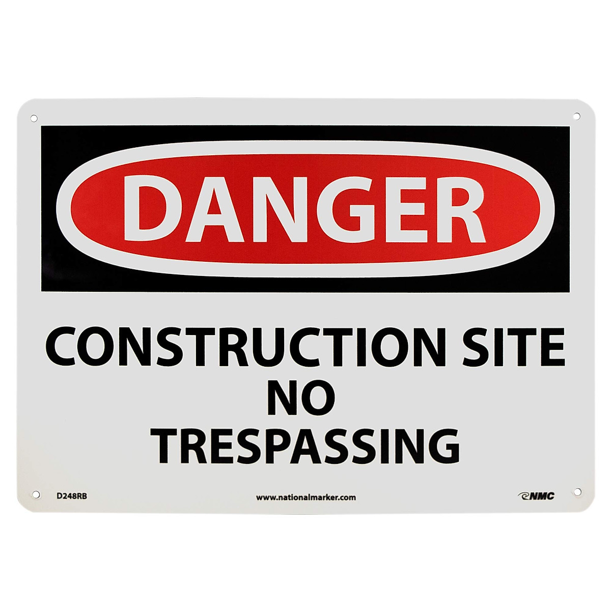 NMC D248RB DANGER - CONSTRUCTION SITE NO TRESPASSING Sign - 14 in. x 10 in. Rigid Plastic Danger Signage, Black/White Text on White/Red Base