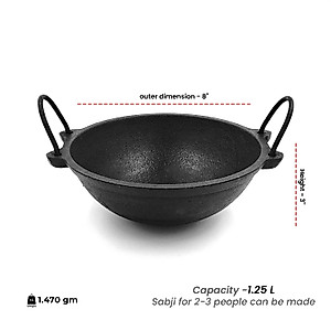 TAZBI Pre-Seasoned Small Cast Iron Kadai 8 Inch (Ready to Use-Hand Seasoned by Village Ladies Using Oil), Black