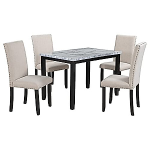 OPTOUGH 5 Piece Faux Marble Dining Set, Include 1 Fauxmarble Table and 4 Thicken Cushion Chairs for Four, Breakfast Nook, Bar, Living Room, Home, White/Beige+Black