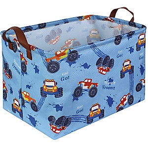 Sanjiaofen Rectangular Monster Truck Basket Organizer.Kids Basket ,Boys Storage Basket with Handles.Car Basket for Kids,Toys Bins,Books,Kid's Gifts Storage. (Monster Trucks )
