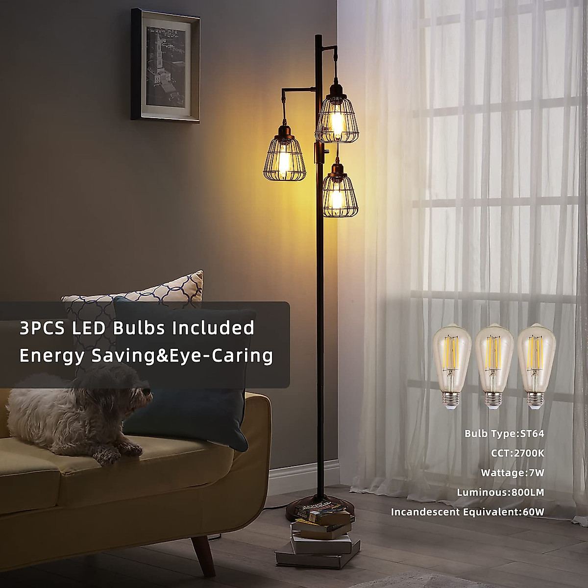 9MMML 68” Living Room Floor Lamp, Industrial Farmhouse 3 Teardrop Cage Standing Lamp,Black Tall Floor Lamp for Bedroom Office, 3 LED Edison Bulbs Included