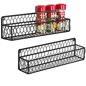 MyGift Wall Spice Racks, 12-Inch Black Chicken Wire Hanging Kitchen Seasoning Condiment Organizer Shelf, Set of 2