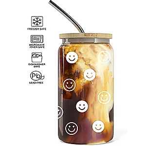Smiley Face Glass Cups with Lids and Straws- Tumbler with Lid and Straw- 16 oz Iced Coffee Cup w/Bamboo Lid Stainless Streel Straw- Beer Can Shaped Drinking Glasses- Cute Cups- Gift for Women