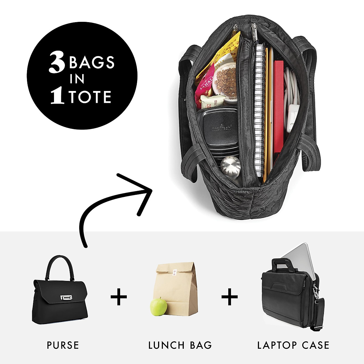 Fit + Fresh Metro Tote, 2-In-1 Laptop Bag for Women, Dual-Compartment Tote Bag with 15" Laptop Section & Insulated Cooler for Lunch, Perfect Work Bag, School Bag, Travel Purse & More, Black