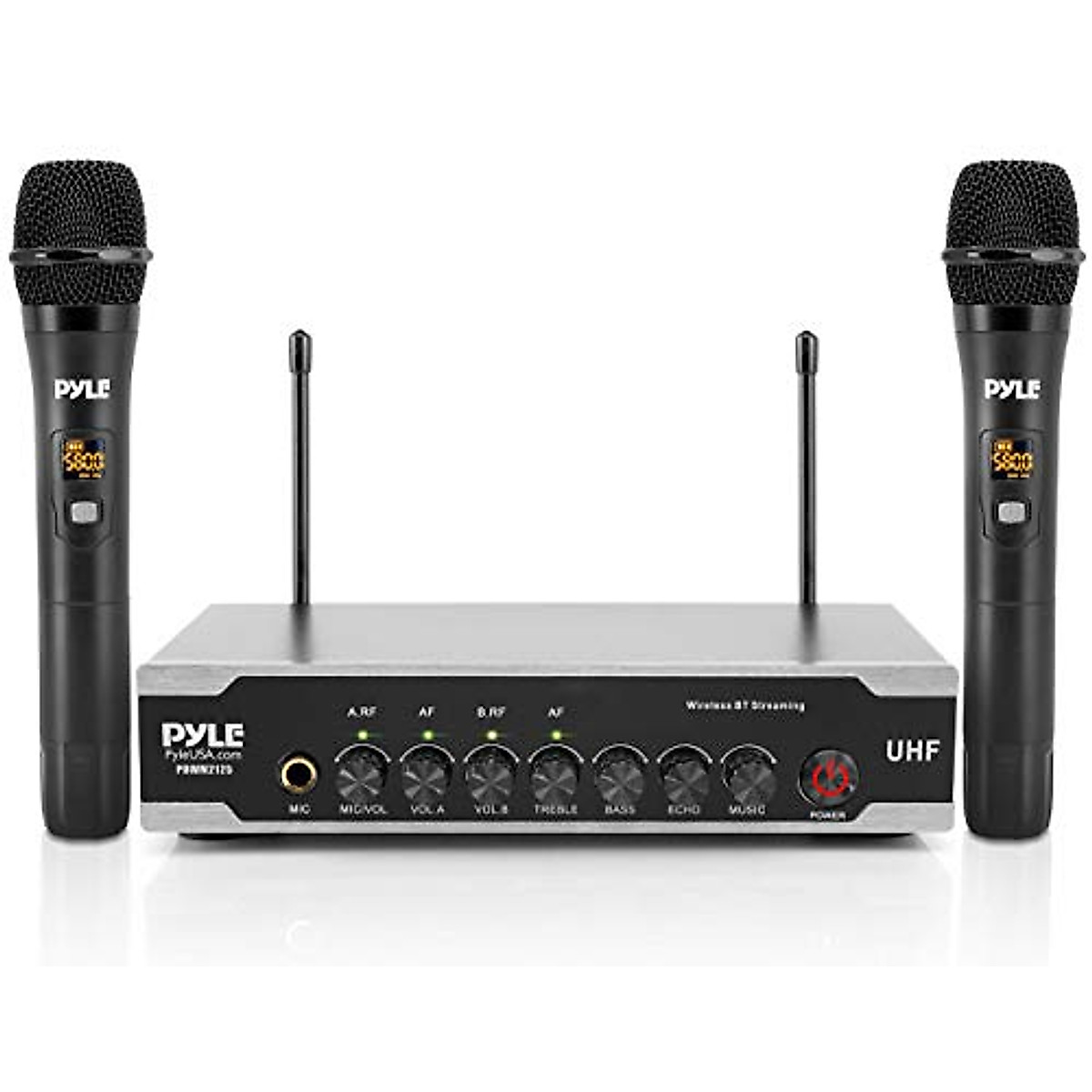 Pyle Portable Uhf Wireless Microphone System - Battery Operated Dual Bluetooth Cordless Microphone Set, Includes 2 Handheld Transmitter mic, Receiver Base, Aux, RCA, for PA Karaoke DJ Party -PDWM2125