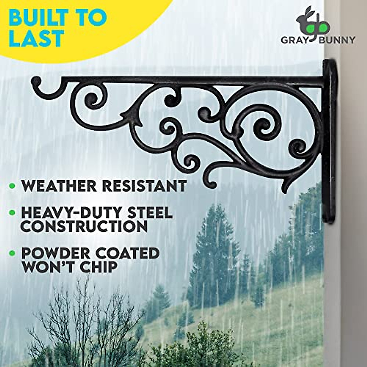 Gray Bunny Outdoor Plant Hanger Hook, 14” Large Victorian Heavy Duty Iron Wall Hooks for Bird Feeders, Lanterns, Wind Chimes, Patio Decor - Black