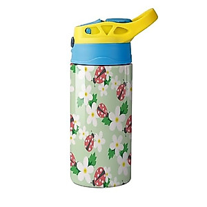 Kids Water Bottle with Straw Lid Small Flower with Ladybug Print 12 Oz/350 Ml Stainless Steel Reusable Thermos Bottles