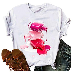 Womens Short Sleeve Tops Nail Polish Printed Tshirt Summer Versatile Tees White O Neck Pullover, Large