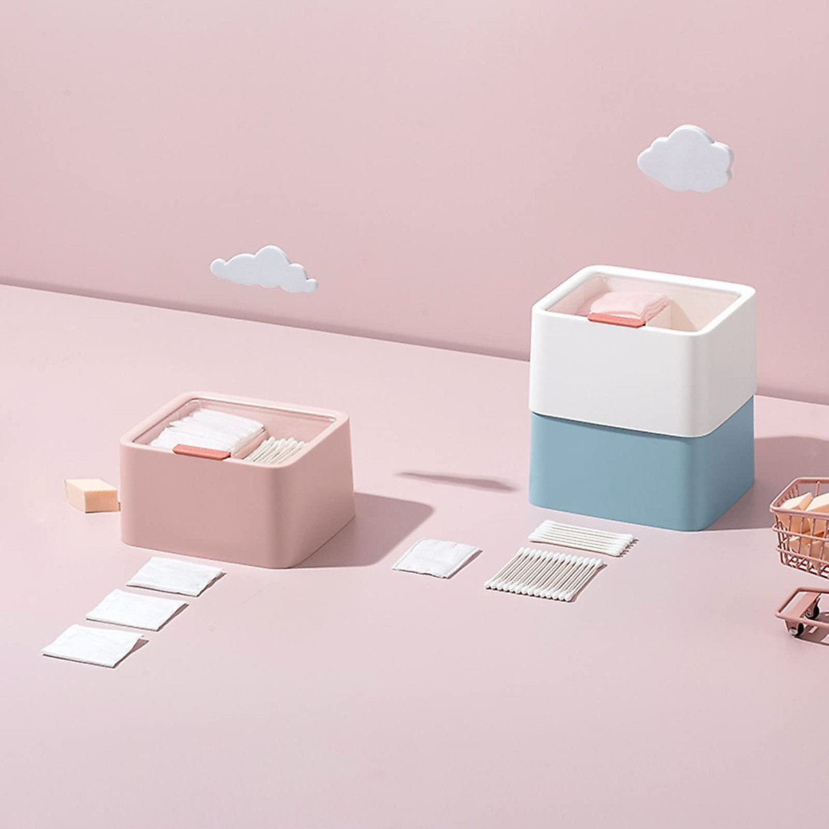 LiangTing 2 Grids Separate Cotton Swabs Dispenser Organizer Canisters,Transparent dust-proof desktop cotton swab box with cover,Dresser makeup remover cotton storage box for Cotton Balls, Cotton Pads.