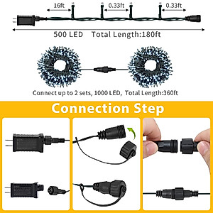 QUWIN Led Outdoor Christmas String Lights, 500 LED UL Certified 8 Lighting Modes, Indoor & Outside Waterproof Fairy Light for Christmas Tree, Patio, Holidays, Party (180 Ft Cool White)