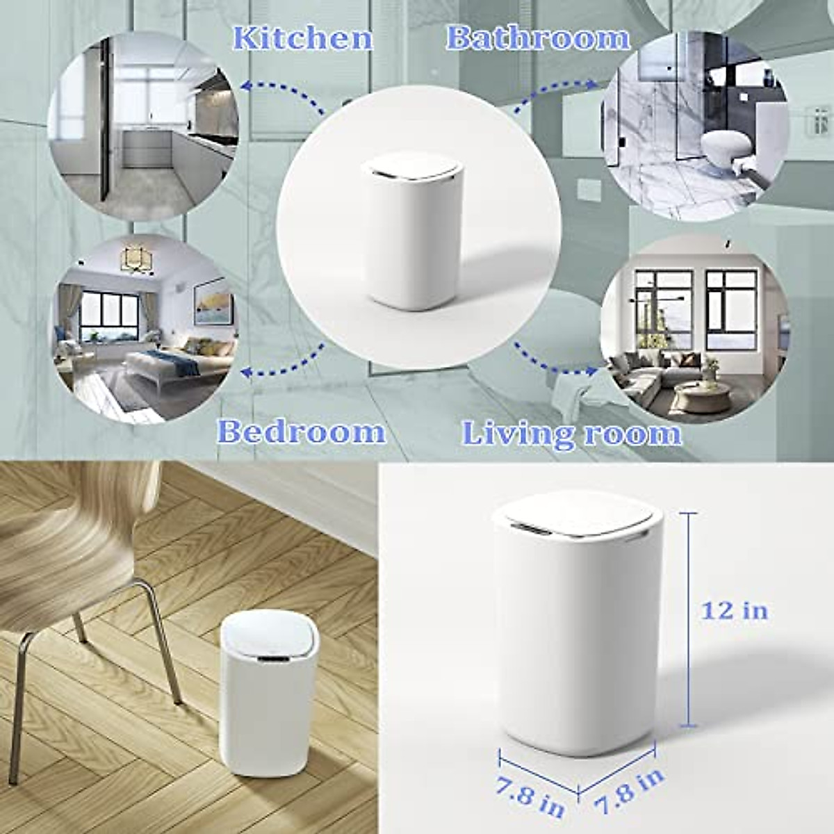 Bathroom Trash Can with Lid, Sapouni 3.2 Gallon Automatic Touchless Infrared Motion Sensor Trash Can Smart Kitchen Trash Can Round Bedroom Garbage Can for Home, Office (3.2 Gal, White)