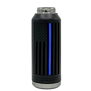 Cuptify Black Thin Blue Line Police Flag on Black Sports Bottle with Straw 32 oz Stainless Steel Vacuum Insulated Bottle Gift for Police, Academy, Graduation