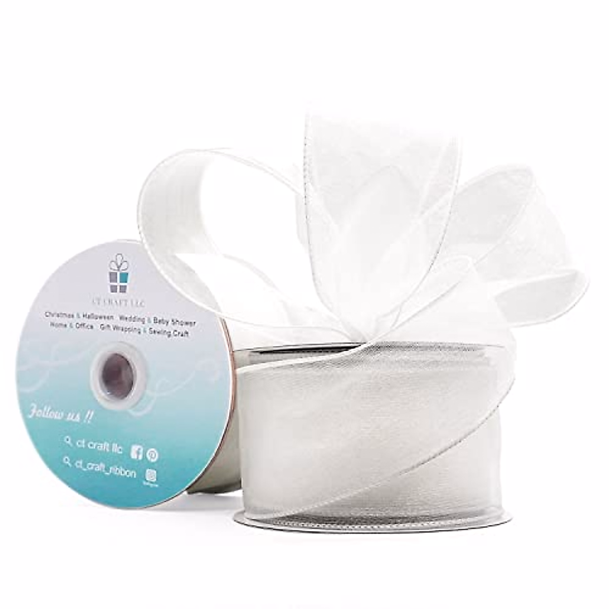 CT CRAFT LLC Sheer Organza Wired Ribbon for Home Decor, Gift Wrapping, DIY Crafts, 2.5” x 25 Yards x 2 Rolls - White