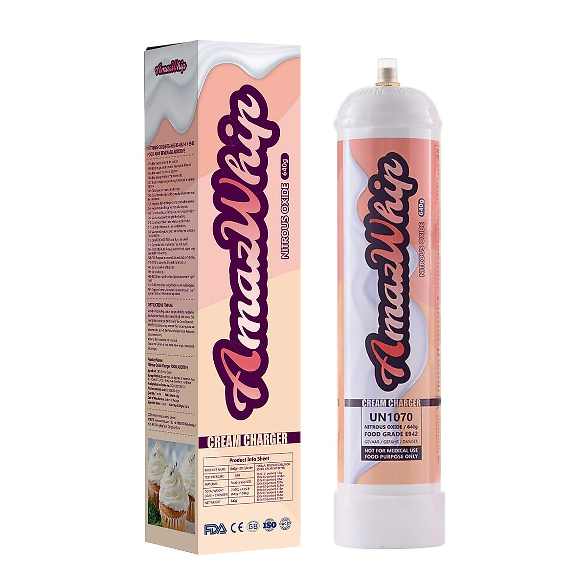 AMAZWHIP 0.95L Cream charger 640g nitrous oxide tank for cream (1 cylinder)