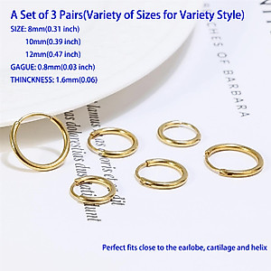 Sweetkiki Small Gold Hoop Earrings Set: 3 Pairs Cartilage Hoop Earring 316L Surgical Steel Tiny Endless Hoop Earrings Helix Earring for Women (Endless Hoops-14K Gold- 8mm 10mm 12mm)