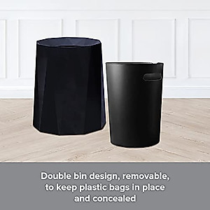 Luxurious Nordic Trash Can - Open Top Geometric Garbage Can - Double Barrel Trash Bin - Waste Basket w/Removable Plastic Bin - Living Room, Bedroom, Bathroom Trash Can - 8L/2.1Gal Garbage Bin, Black