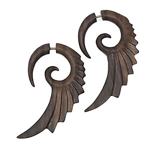 UMBRELLALABORATORY Tribal Organics Earrings Wooden Tropical Feathered Style Fake Gauges