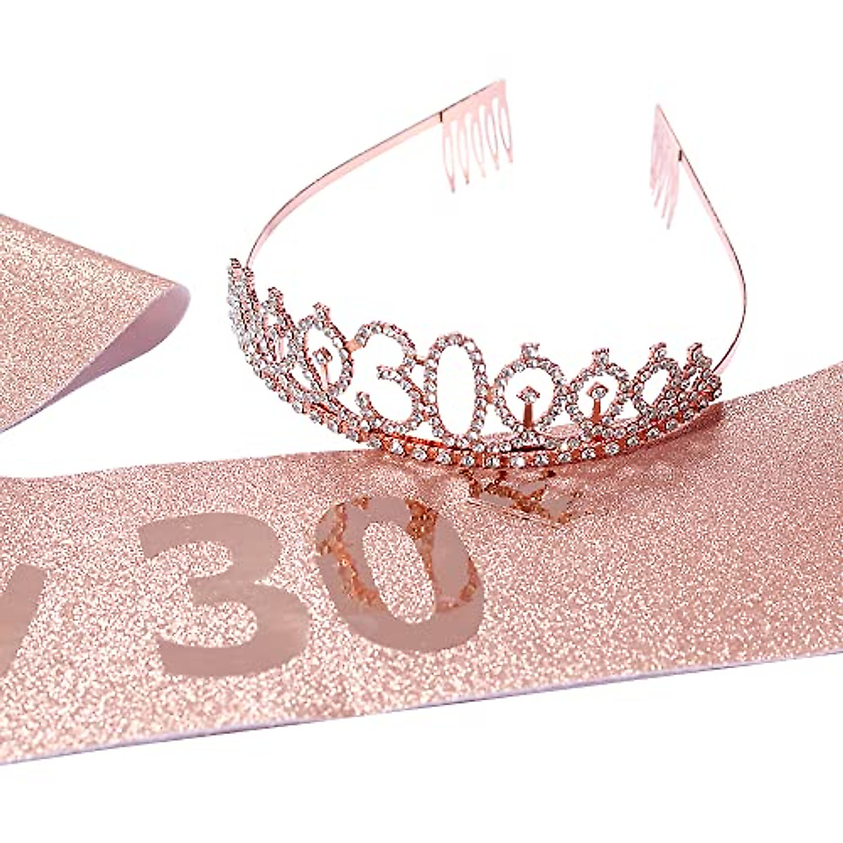 JunyRuny Dirty 30 Birthday Decorations for Her Birthday Sash and Tiara Rose Gold Crown Birthday Gifts for Women 30-Year-Old Happy Birthday Decorations 30th Birthday Party Favor Supplies