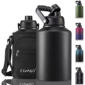 CIVAGO Gallon Insulated Water Bottle Jug, 128 oz Stainless Steel Sports Canteen, Large Metal Thermal Growler Mug with Carrier Bag and Handle, Black