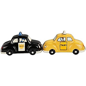 Set Of 1 Black Police Car and Yellow Taxi Cab Magnetic Ceramic Salt Pepper Shakers