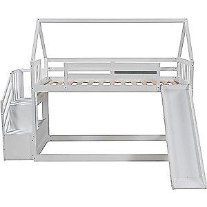 Harper & Bright Designs House Bunk Bed with Stairs,Wooden Kids Bunk Bed Twin Over Twin with Slide, Twin Size Floor Bunk Bed for Girls Boys, No Box Spring Needed, White