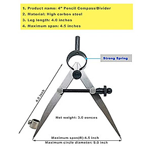 ZLKSKER 4/10 inch Woodworking Compass with Pencil Holder, Precision Spring Divider/Scriber, All Metal Compass for Leather Work Metalworking (4 inch)