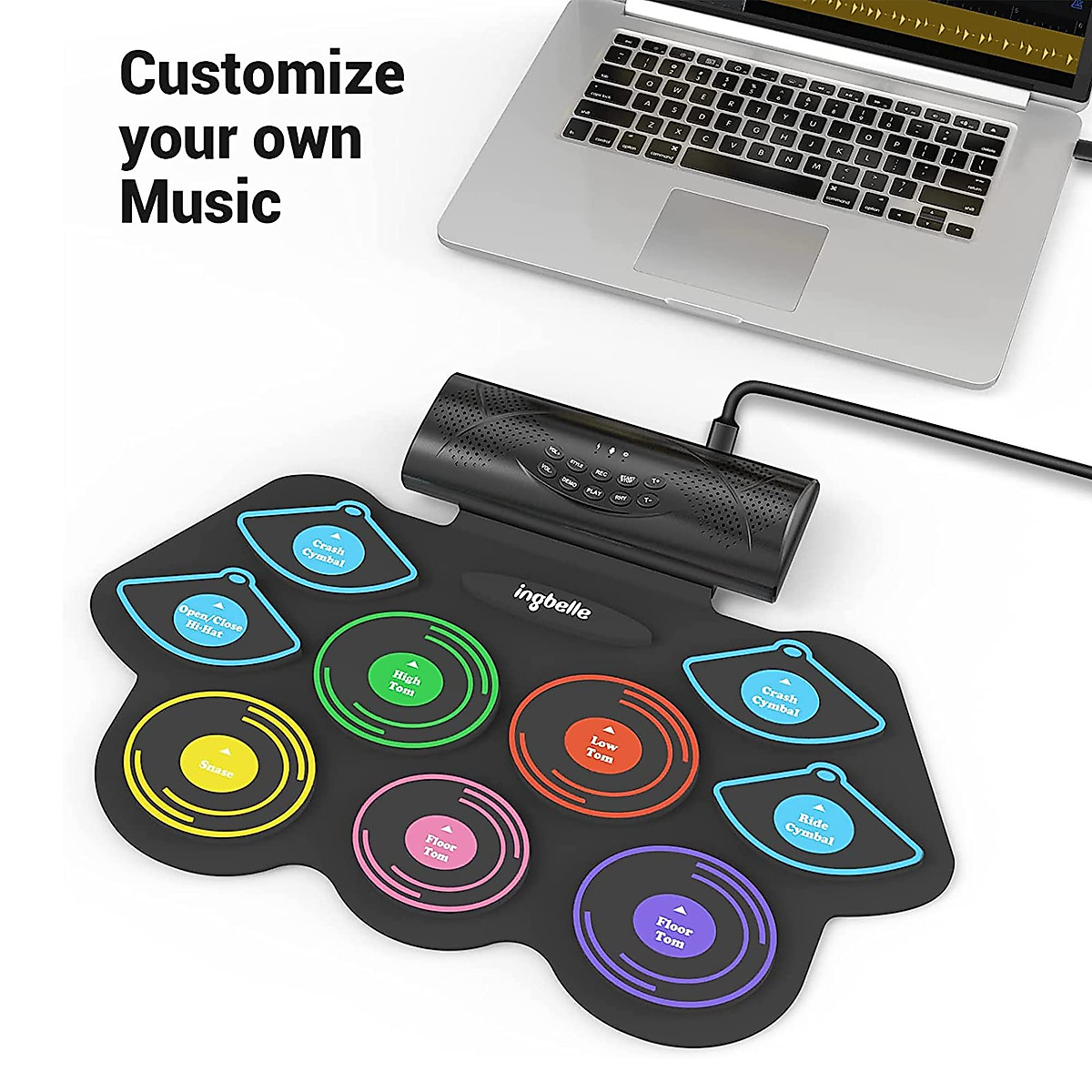 PAXCESS Portable 9 Pad Roll-Up Electronic Drum Set with Realistic Sounds, Foot Pedals, Drumsticks, Built-In Speaker, and Rechargeable Battery