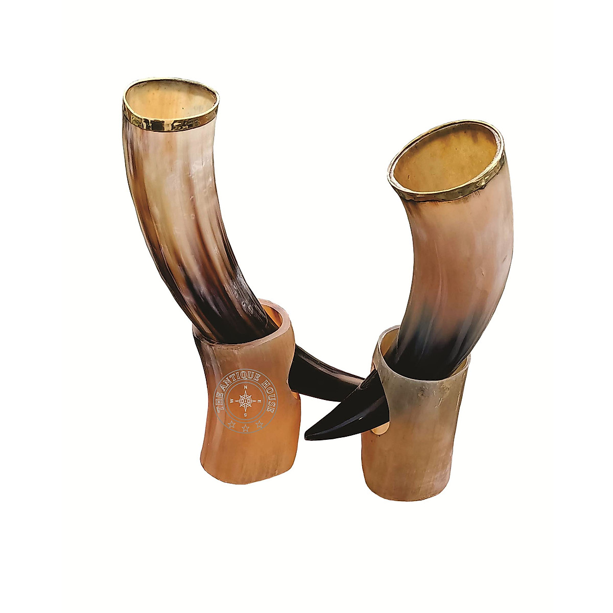 Set of Two Antique Style Horn Drinking Horn Mug with Stand Viking Style Beer Wine Mead Mug Wedding Gift