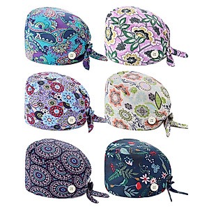 WAINIS 6 Pcs Cute Cotton Printed Working Cap with Button Sweatband Adjustable Tie Back Bouffant Hat for Women Men