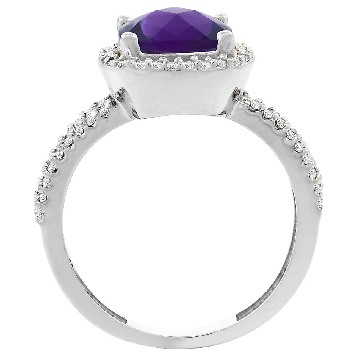 PIERA 14K White Gold Natural Amethyst Ring Cushion-cut 8x8 mm 2-row Diamond Accents, size 7