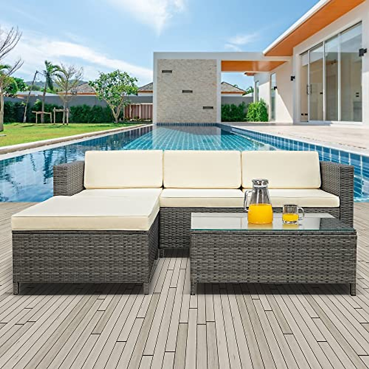 SUNVIVI OUTDOOR 5 Piece Patio Furniture, All-Weather Grey Wicker Sectional Couch with Cream White Washable Cushions