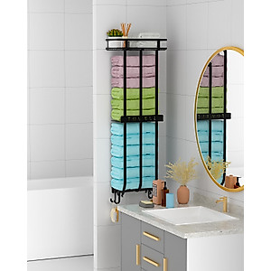 Towel Racks with Metal Storage Shelves Shelf for Rolled Towels, 3 Bar Towel Storage for Bathroom Wall Mounted, Towel Organizer for Folded Large Towel Washcloths, Bath Towel Holder Shelf with 4 Hooks