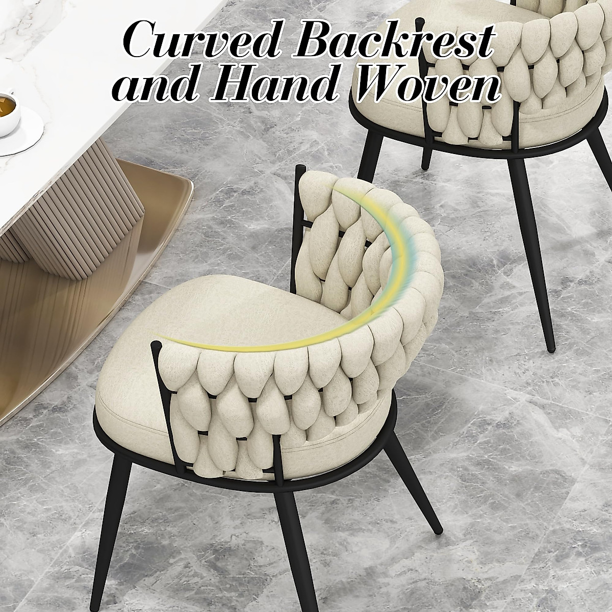 Homedraft Woven Dining Chairs Set of 6, Modern Hand Weaving Dining Chair with Black Metal Legs, Upholstered Club Chairs with Black Frame for Dining Room, Kitchen, Vanity, Beige