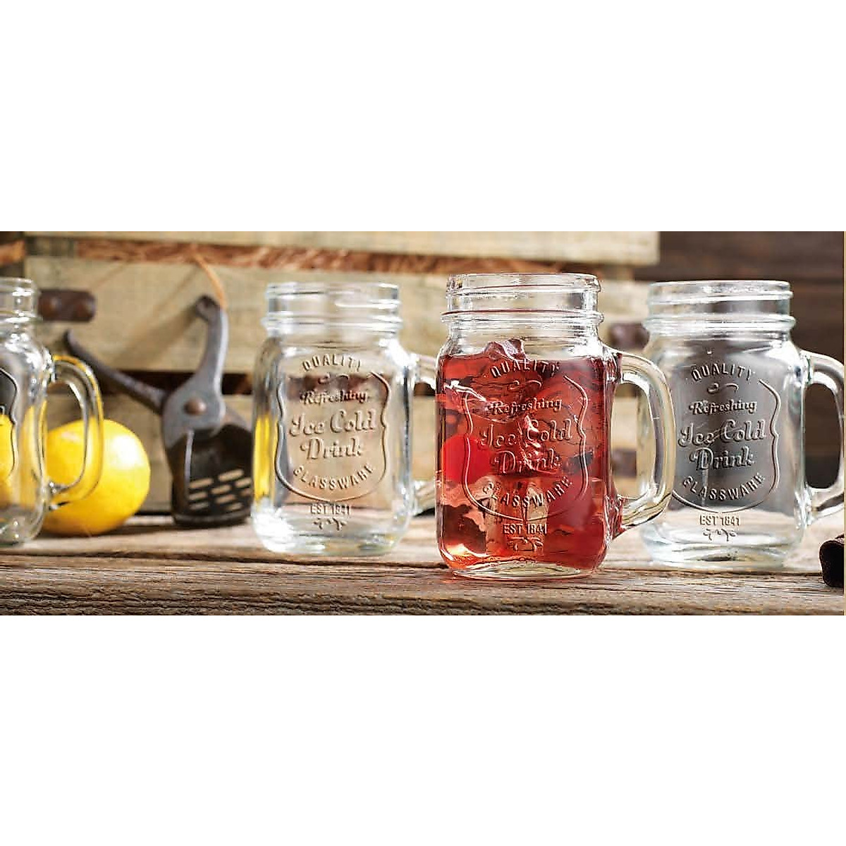 Glaver's Mason Drinking Jars – Set of 4, 16 Oz Clear Glass Jars – With Convenient Handle and Ice-Cold Embossed Logo – Ideal for Hot and Sunny Days – Perfect Glass Cups for Cold Drinks