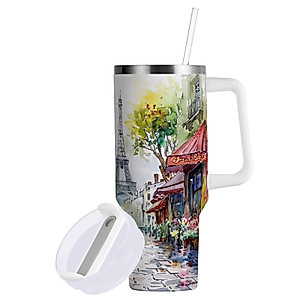 ODAWA Eiffel Tower Florist Cafe 30 Oz Travel Tumbler with Lid and Straw Travel Coffee Mug
