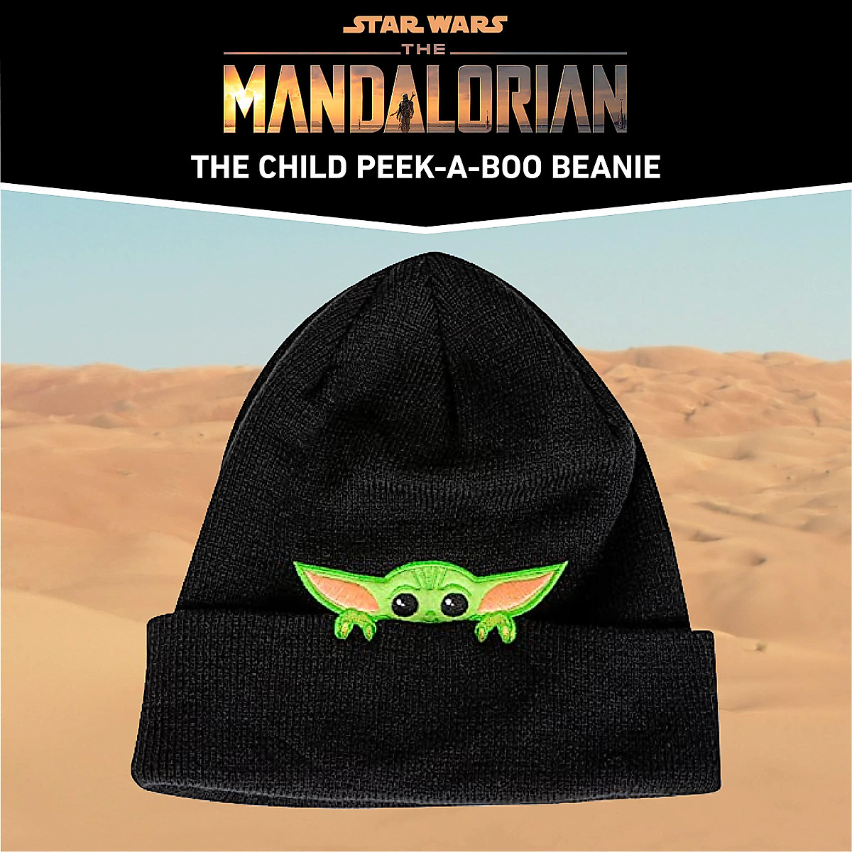 Star Wars The Mandalorian Grogu Peek-A-Boo Knitted Cuffed Beanie, Black, One Size