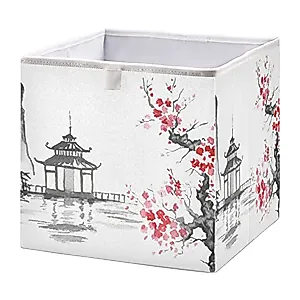 RunningBear Japanese Cherry Blossms Storage Basket Storage Bin Square Collapsible Toy Boxs Cloth Baskets Containers Organizer for Office Outside Cars