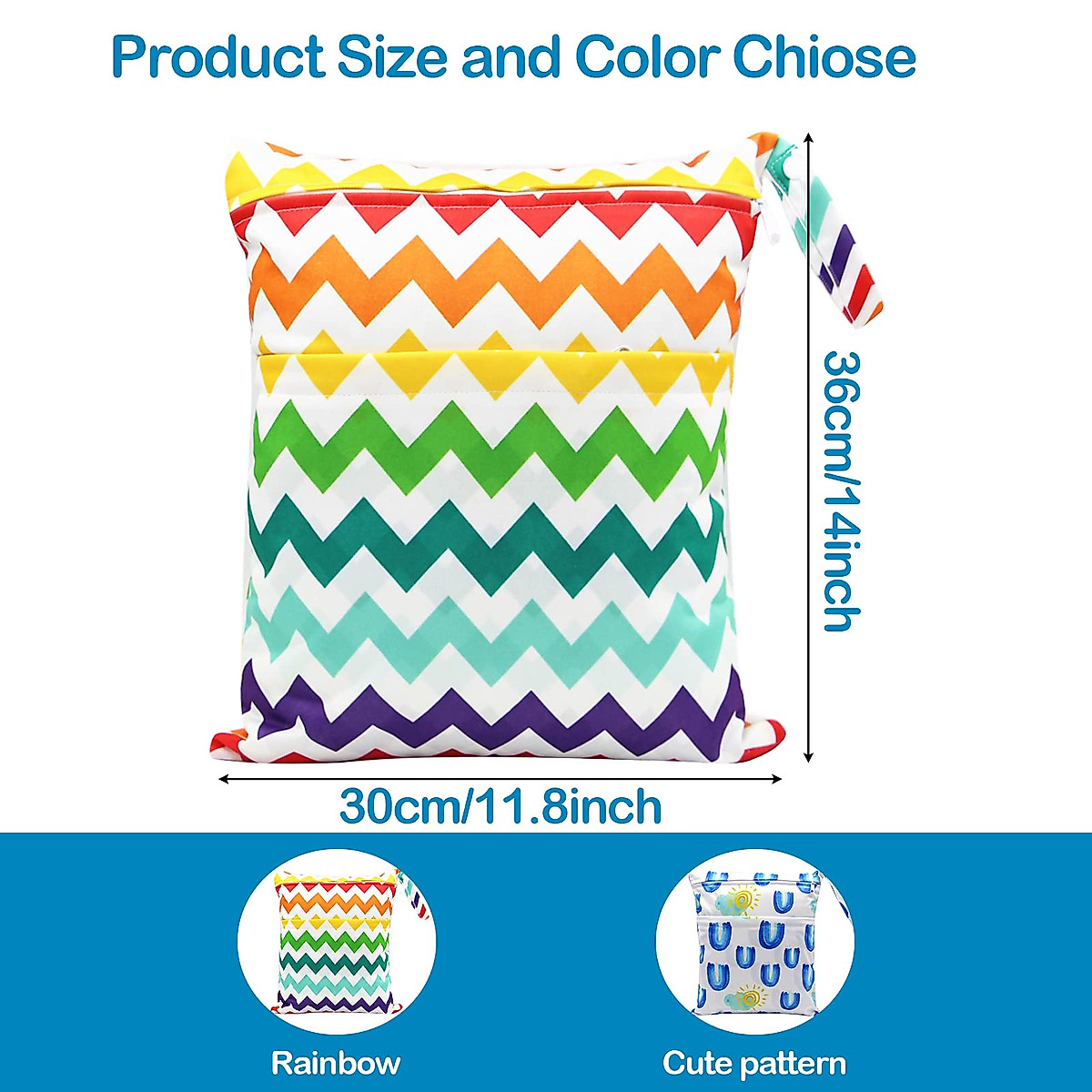 2 Pieces Wet Dry Bag Cloth Diaper with Two Zippered Pockets Waterproof ReusableW Travel Beach Pool Daycare Soiled Baby Items Yoga Gym（12in x 14.5in）, Rainbow Color (KKBB1003)