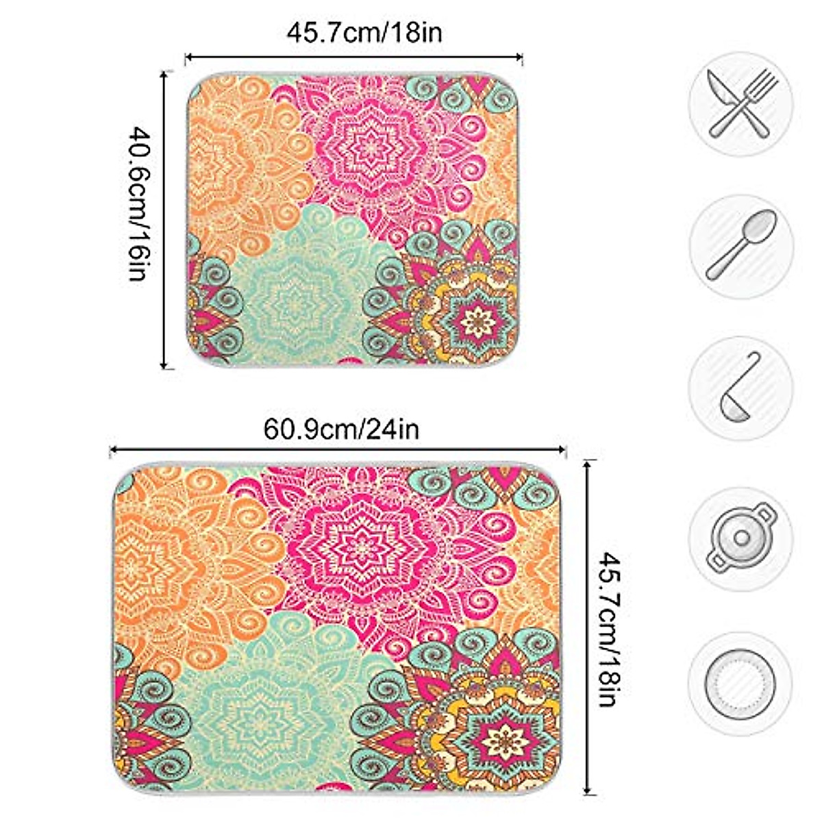 Floral Mandala Trippy Dish Drying Mat 24"x18" Absorbent Machine Washable Hanging Fast Dry Pad Dish Protective Mat for Kitchen Countertop Heat Resistant Dinner Table Mat