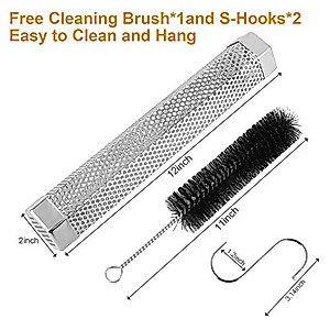 Hexagon Pellet Smoker Tube,12 inch Stainless Steel BBQ Wood Pellet Tube Smoker for Cold/Hot Smoking,5 Hours of Billowing Smoke-for Any Grill or Smoker,with 2 S Shape Hooks+1 Cleaning Brush.