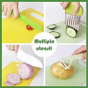 Tellshun 14 Pieces Wooden Kids Kitchen Knife Set with Gloves Cutting Board Fruit Vegetable Crinkle Cutters Serrated Edges Plastic Toddler Knifes for Real Cooking Kid Safe Knives