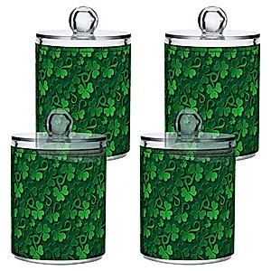 ALAZA 4 Pack Qtip Holder Dispenser Shamrock St. Patrick's Day Bathroom Organizer Canisters for Cotton Balls/Swabs/Pads/Floss,Plastic Apothecary Jars for Vanity