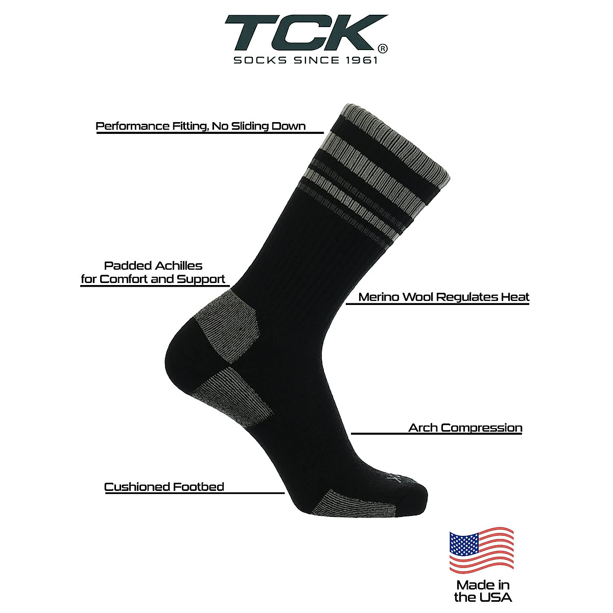 TCK Merino Wool Striped Crew Socks (Black/Grey, Medium)