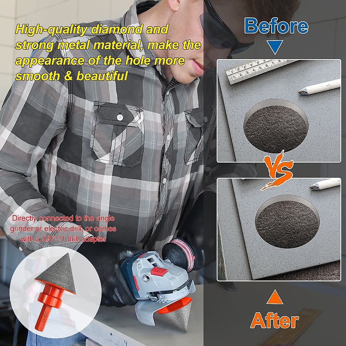 3PCS Diamond Beveling Chamfer Bits Set, Diamond Drill Bits for Ceramic with 5/8"-11 Drill Adapter, Tile Drill Cone Grinder Bit for Existing Holes Enlarging, Trimming, Orange