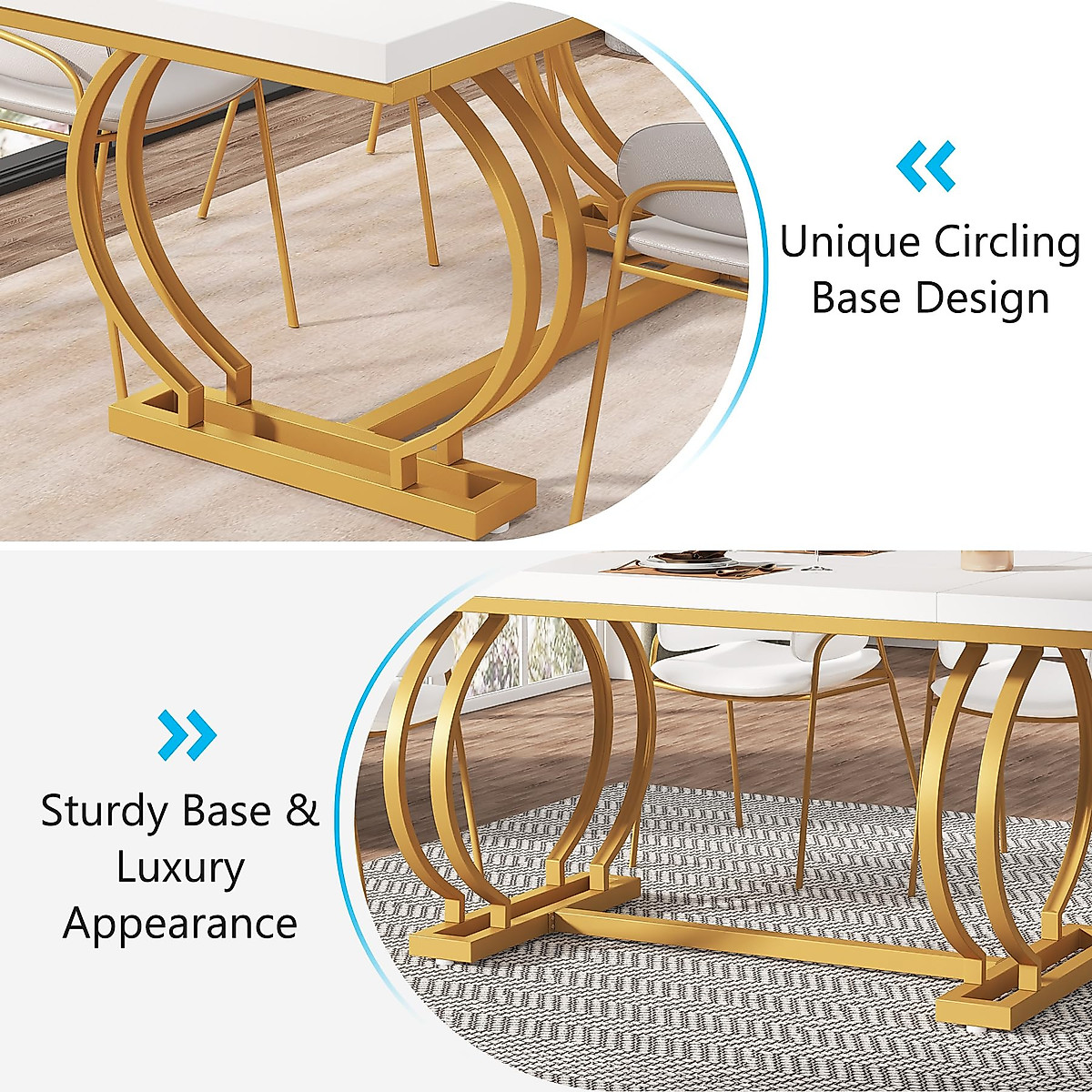 Tribesigns Modern Dining Table, 70.9 inches Wood Dinner Room Table for 6-8 People, Rectangular Kitchen Table with Gold Metal Circular Base for Kitchen, Dining Room, Living Room, White & Gold