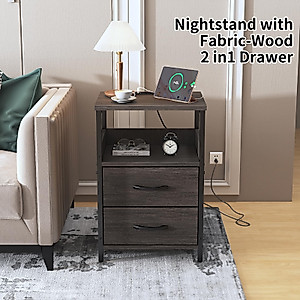 KHLJJU Nightstand with Charging Station, End Table Fabric-Wood 2-in-1 Drawer, Side for Small Spaces, Grey Bedside Tables USB Ports and Outlets Living Room, Bedroom, Office, KHL-BC-Hui-A